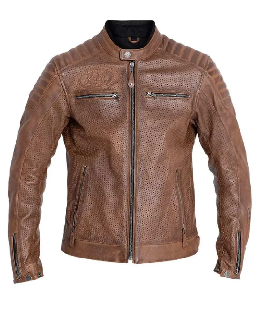 Perforated Brown Leather Motorcycle Jacket - Biker Black Jacket